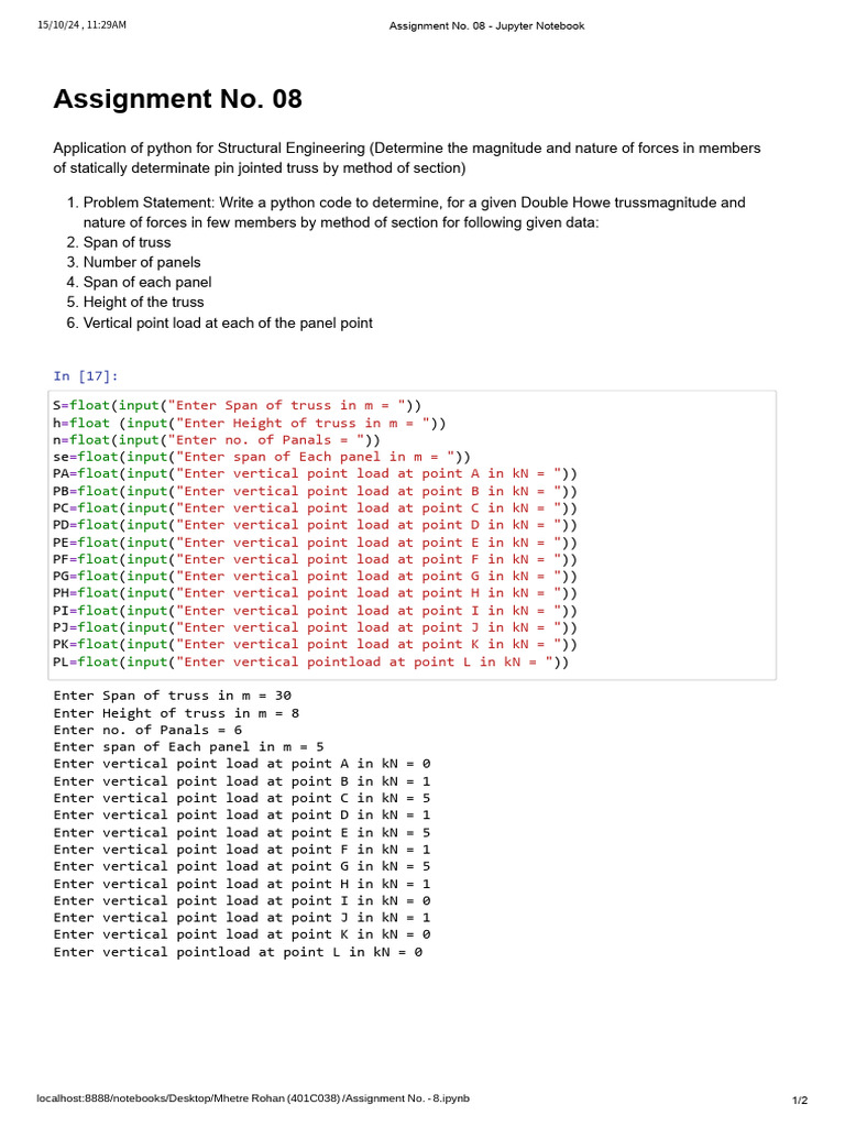 Assignment No. 08 - Jupyter Notebook | PDF | Truss | Structural Engineering