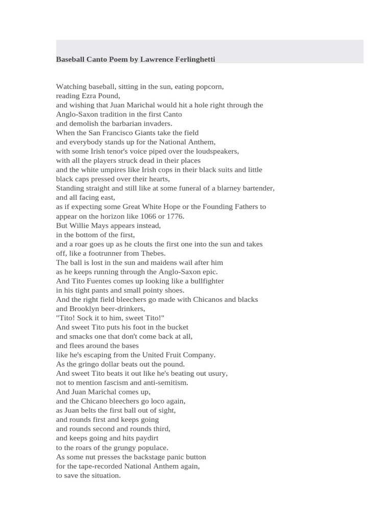 Baseball Canto Poem by Lawrence Ferlinghetti | PDF