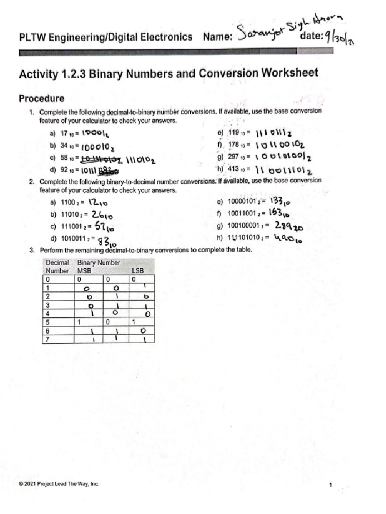 Activity 1.2.3 Binary Numbers and Conversion Worksheet | PDF