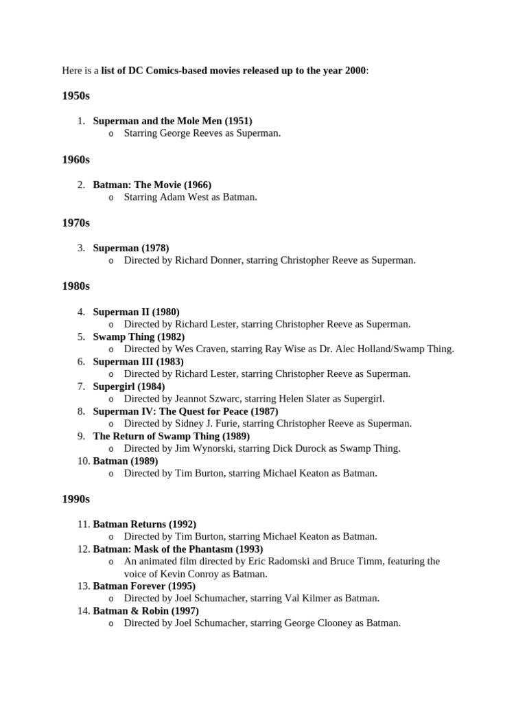 DC Movies List Up to 2000 | PDF