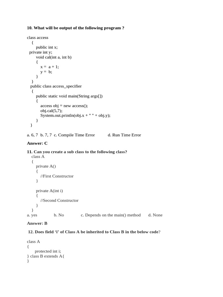 MCQs For Access Modifiers | PDF | Class (Computer Programming) | Programming