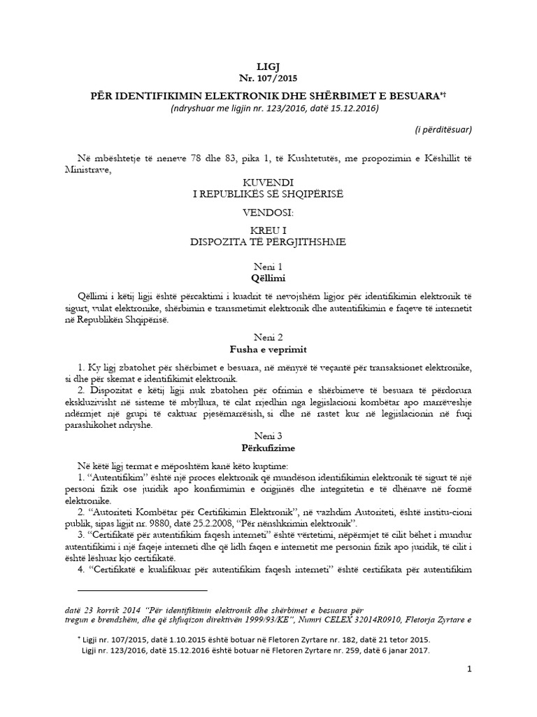 Ligj 2015 10 01 107 Identifikimi Elektronik | PDF