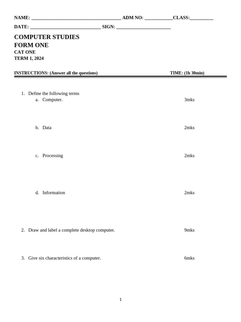 Computer Studies Form 1 Exam 2024 | PDF