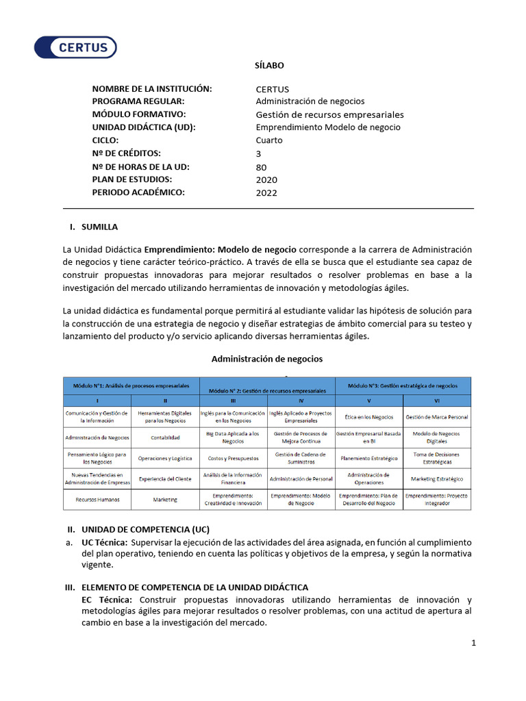ADM_Slabo_IV_EmprendimientoModelodeNegocio_IVC | PDF | Aprendizaje | Empresa de inicio