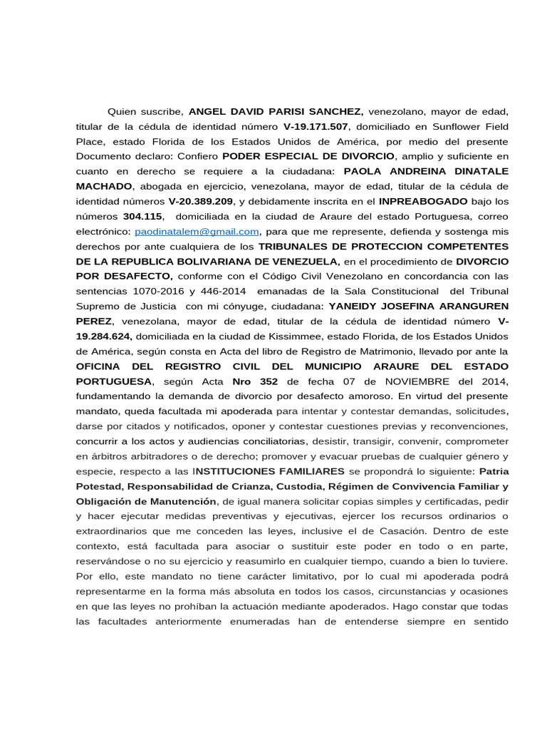 Poder Especial Divorcio | PDF | Divorcio | Documento de identidad