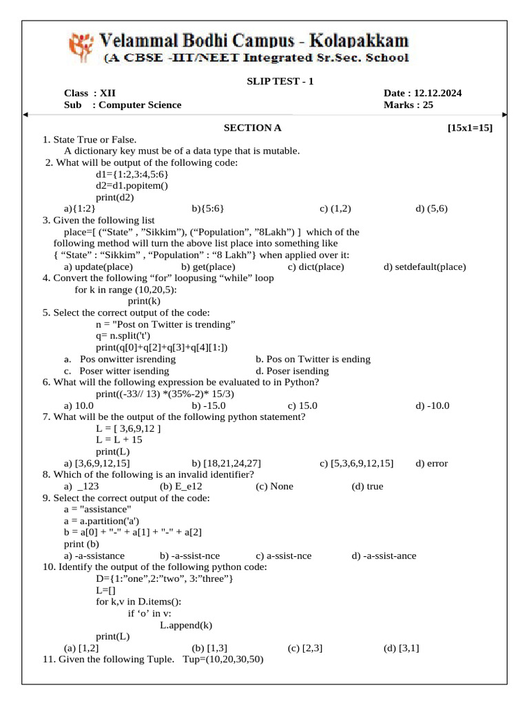 Xii Cs Slip Test 1 Python Revision Tour 121224 Pdf Control Flow Computer Science