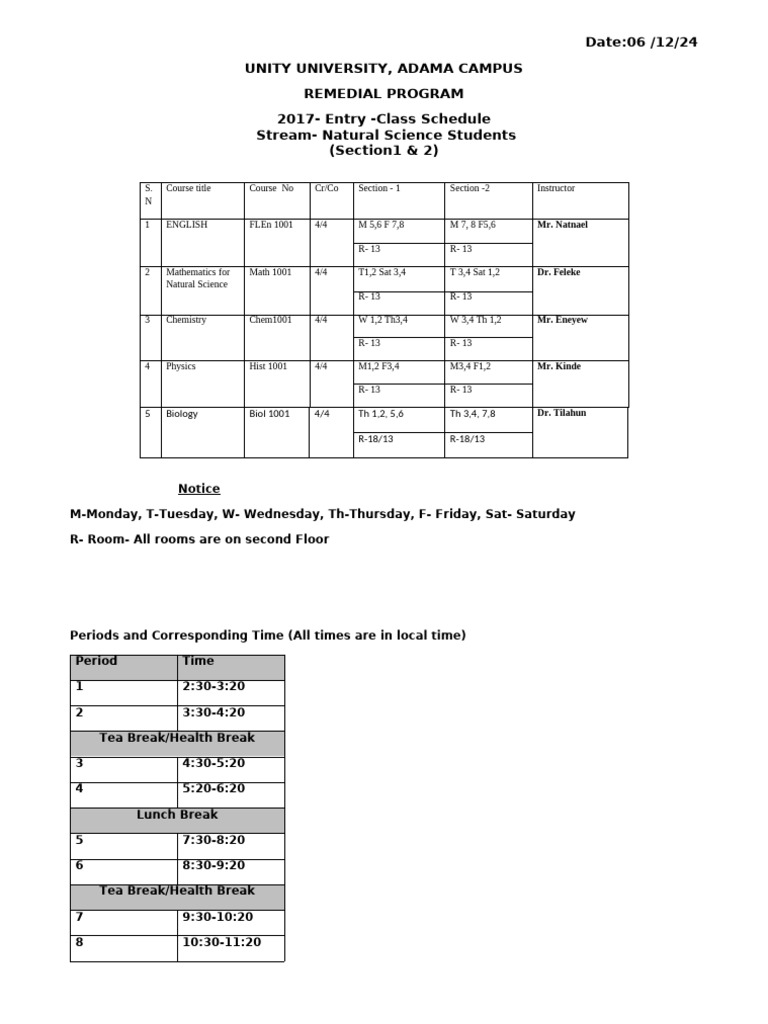 Remedial Program -Class Schedule for Natural Sc. | PDF