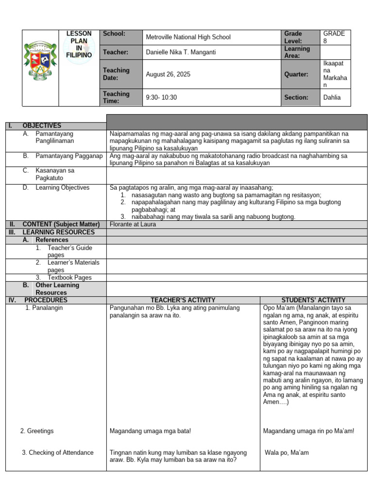 Lesson Plan G8 | PDF