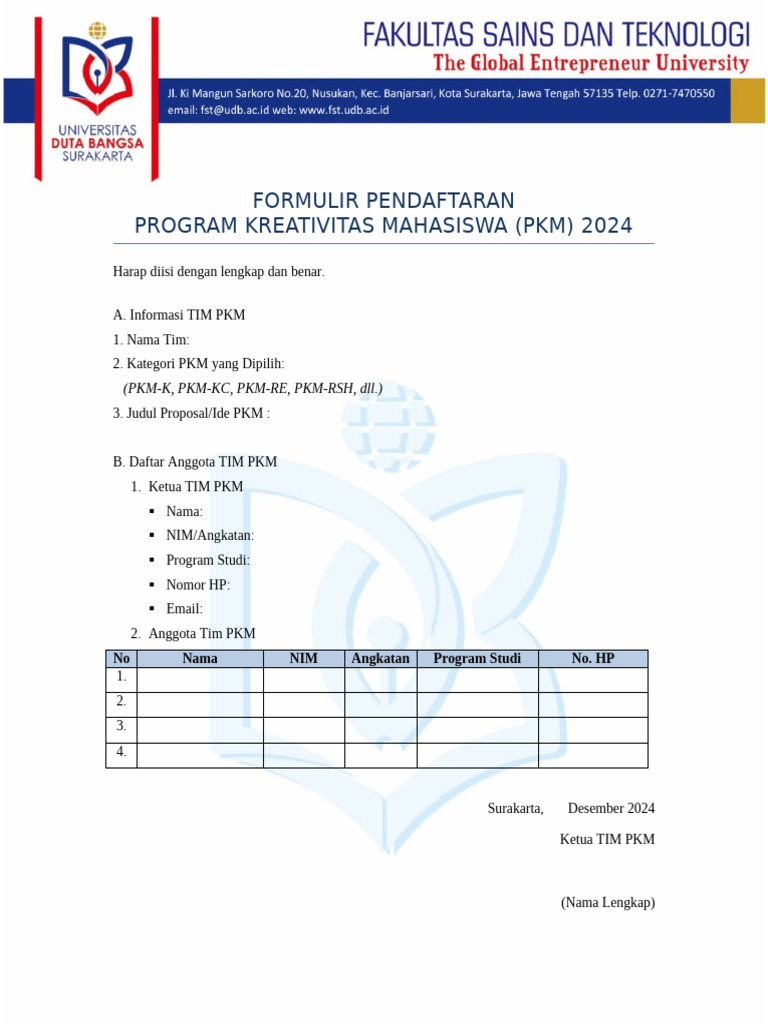 Formulir Pendaftaran PKM 2024 | PDF