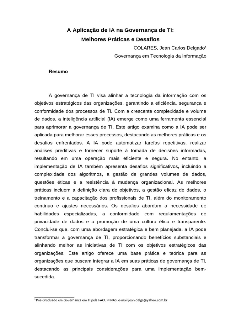 TCC A Aplicação de IA na Governança de TI | PDF | Tecnologia da ...