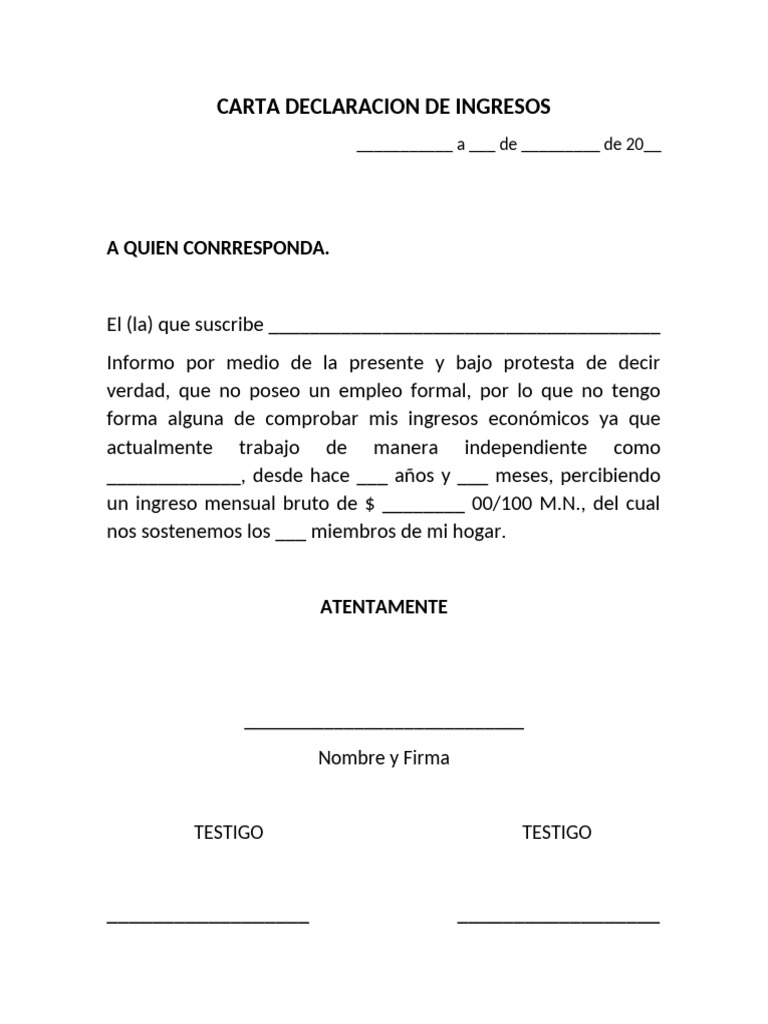 Carta Declaracion de Ingresos | PDF