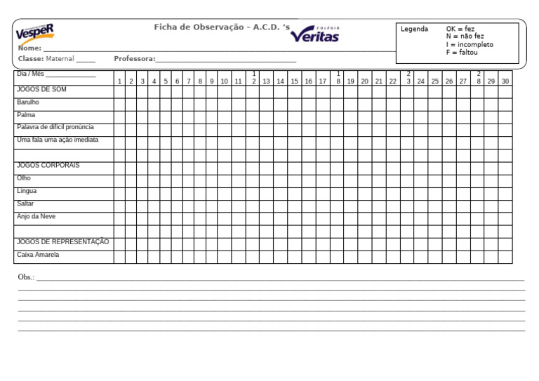 Ficha de Observação - Maternal | PDF