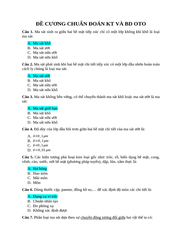 ĐỀ CƯƠng ChuẨn ĐoÁn Kt VÀ Bd Ô TÔ Pdf