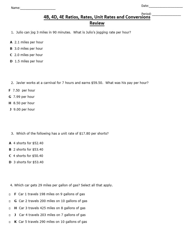 WK13 REVIEW Rates Unit Rates Conversions | PDF | Units Of Measurement ...