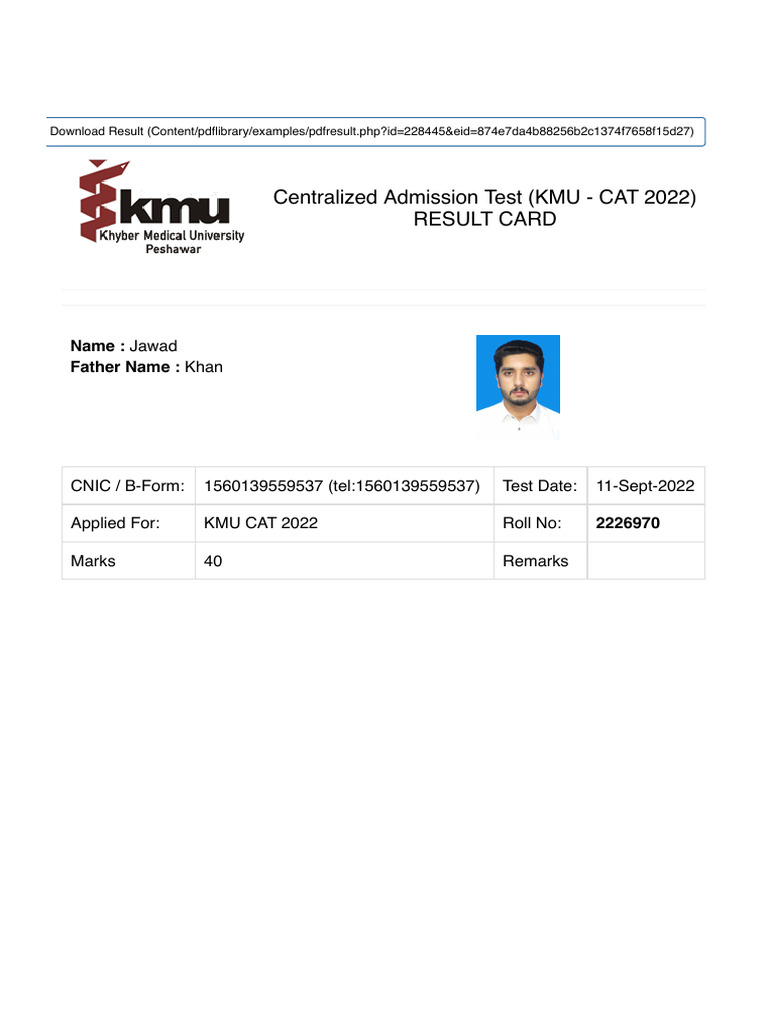 KMU CAT 2022 Result Card | PDF