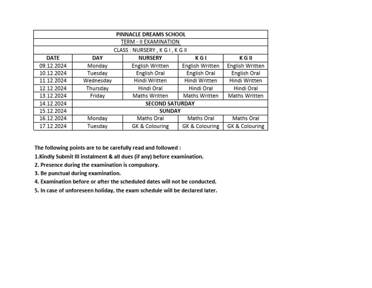 Time Table Term II Class Nursery To KG II | PDF
