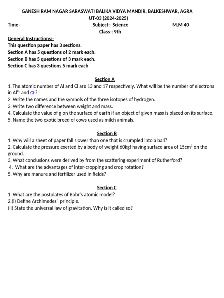 Class 9 Science Exam Paper 2024 | PDF