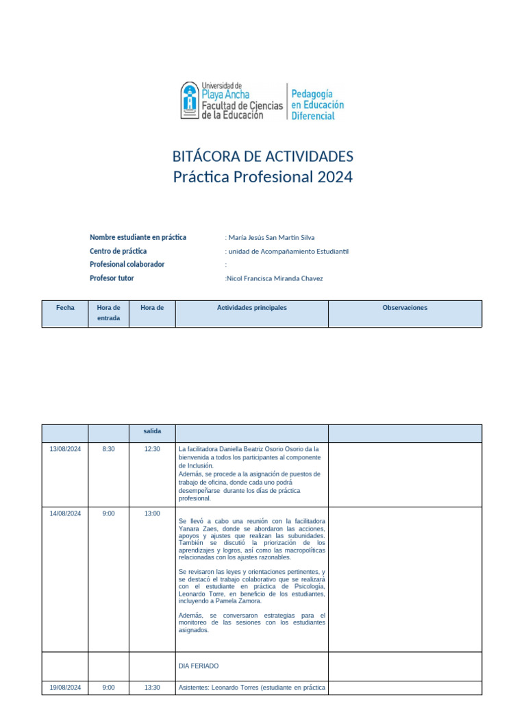 Bitácora de Registro de Actividades Diarias La Práctica Profesional 2024 | PDF