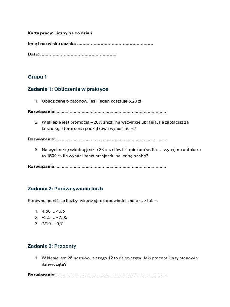 Liczby Na Codzień Karta Pracy | PDF
