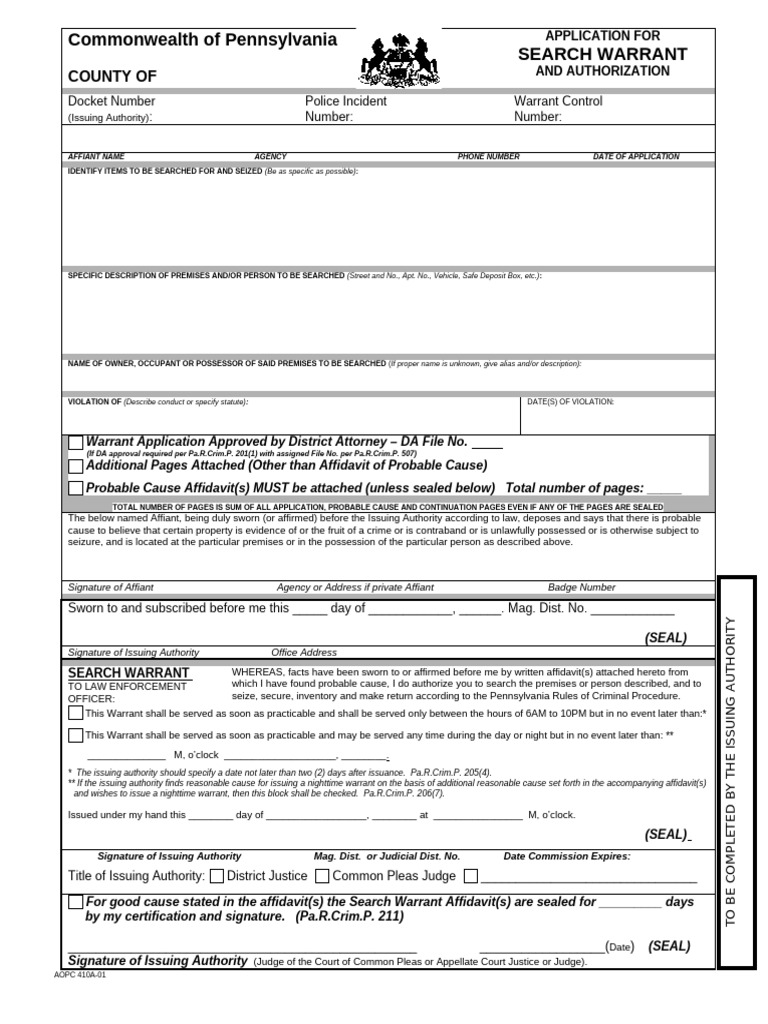 Pennsylvania Search Warrant Application | PDF | Search Warrant | Affidavit