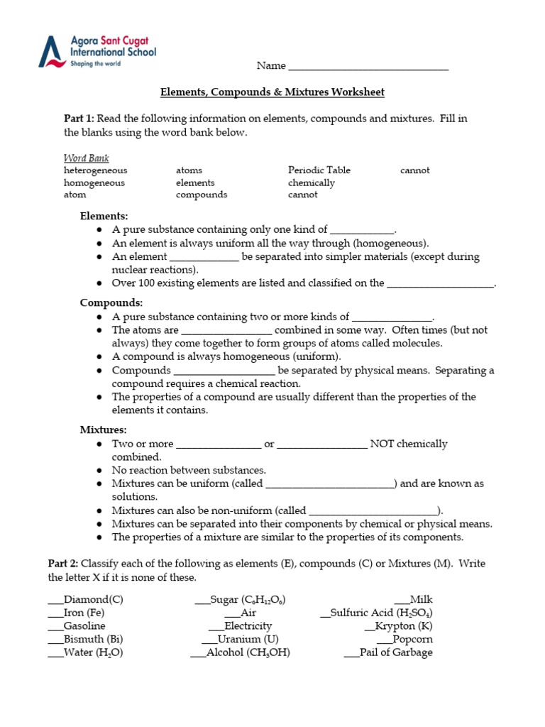 WKST 1 - Elements Compounds and Mixtures | PDF | Chemical Substances ...
