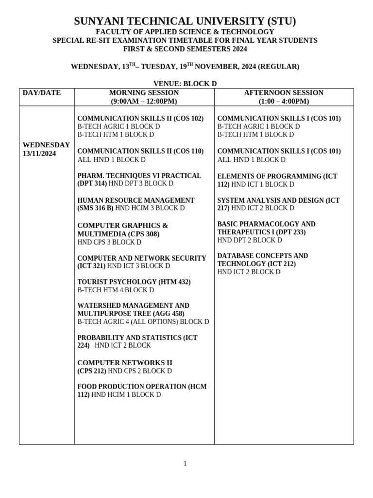 Fast Special Re-Sit Exams Nov., 2024 Timetable | PDF