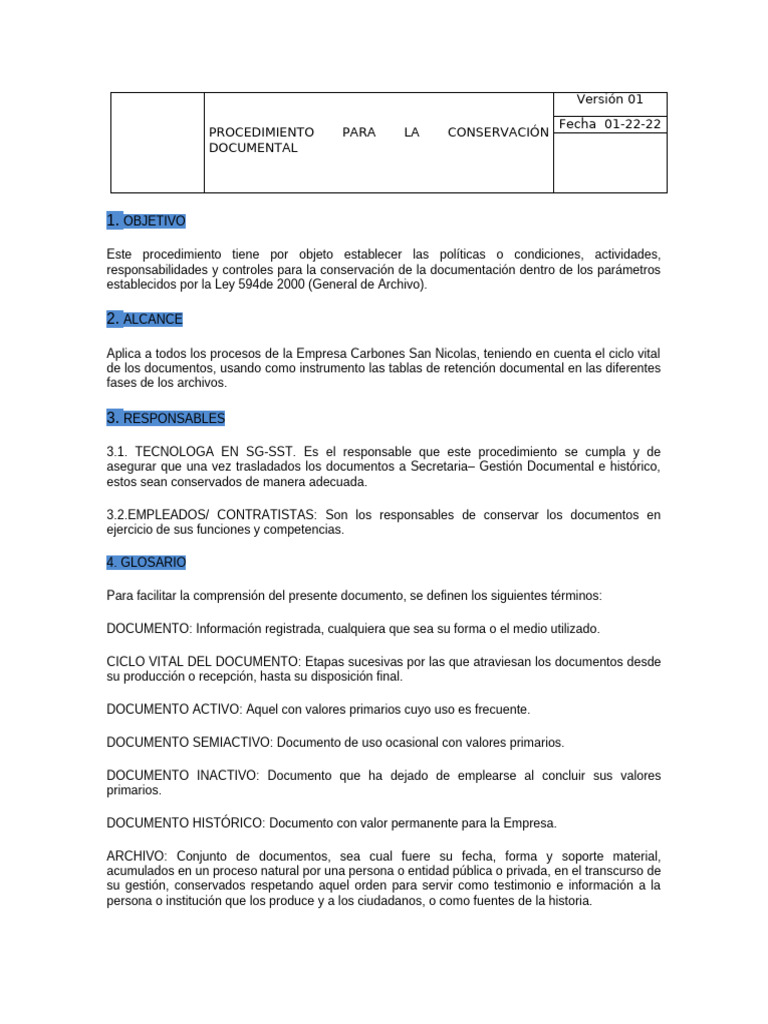 Procedimiento para La Conservación Documental | PDF | Gestión de registros | Documento