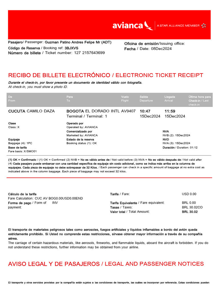 Recibo de Billete Electrónico AVIANCA | PDF