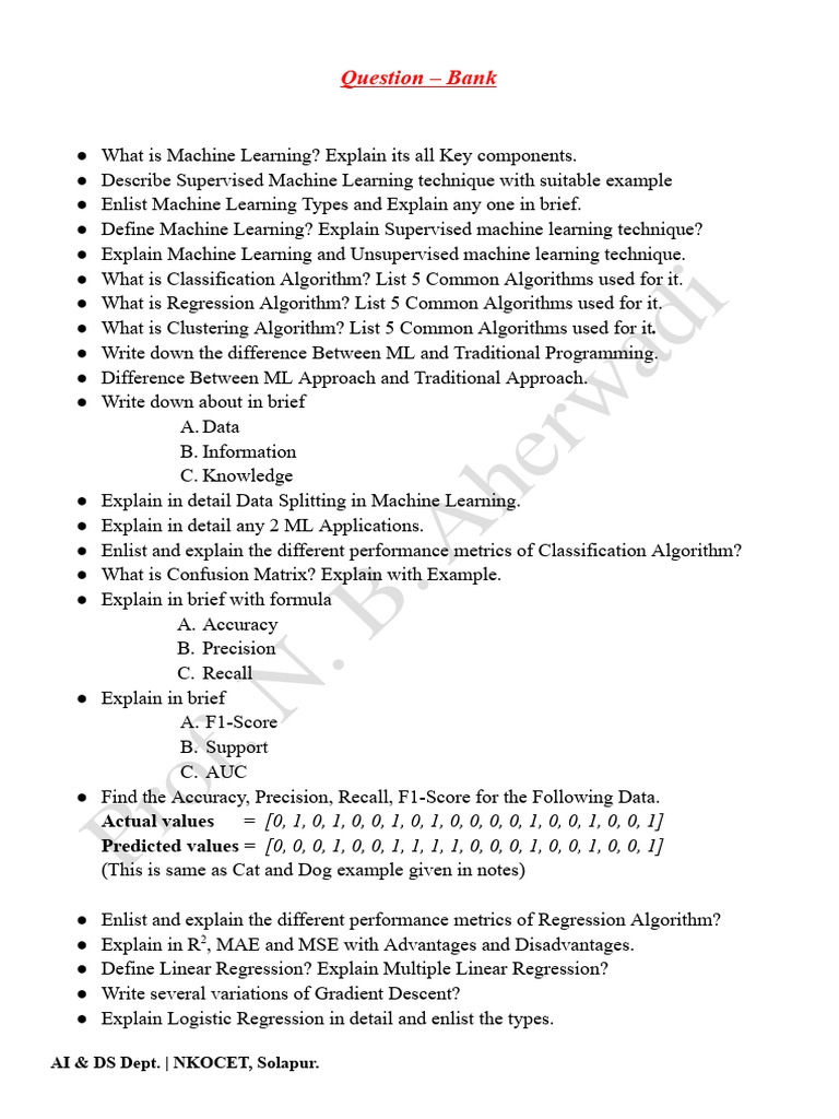 Question_Bank_ML.docx | PDF | Machine Learning | Statistical Classification
