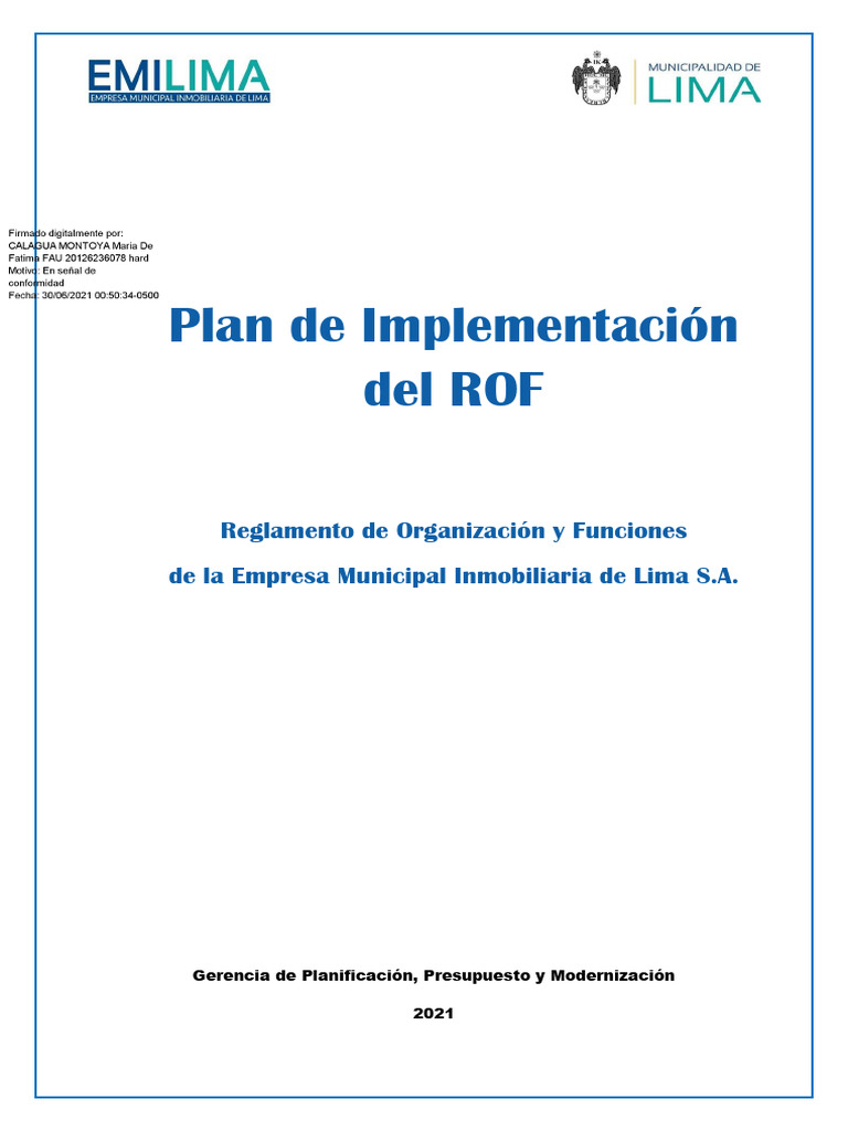Plan de Implementación del ROF EMILIMA | PDF | Presupuesto | Planificación
