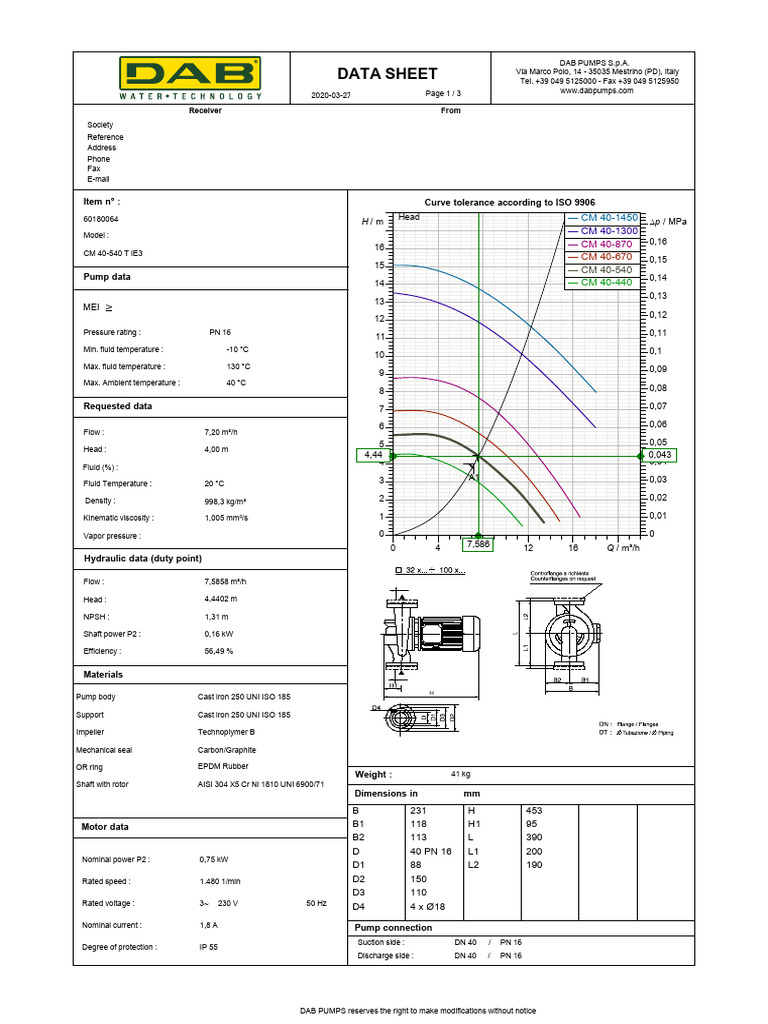 Data Sheet CM 40-540 T IE3 | PDF | Dynamics (Mechanics) | Hydraulics