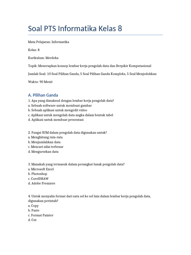 Soal PTS Informatika Kelas 8 | PDF
