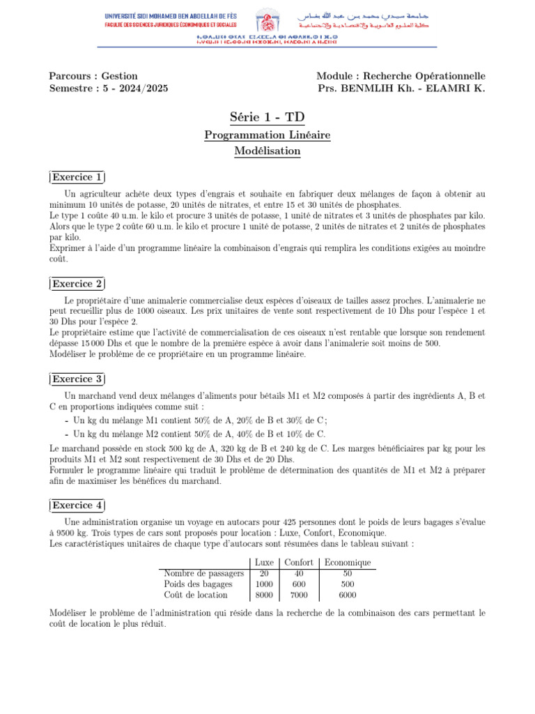 Série 1. Programmation Linéaire - Modélisation (1) | PDF