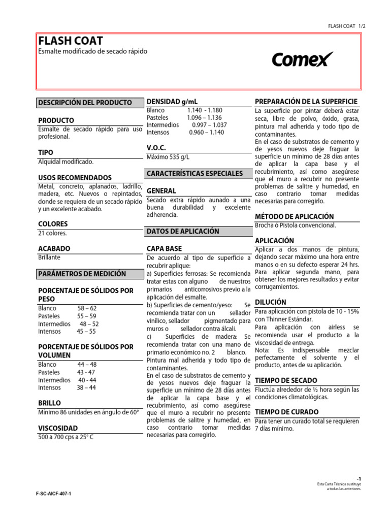 Esmalte Flash Coat Comex: Ficha Técnica | PDF | Pintar | Cemento