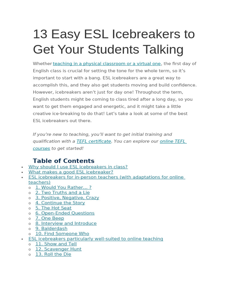 13 Easy ESL Icebreakers To Get Your Students Talking | PDF | English As ...