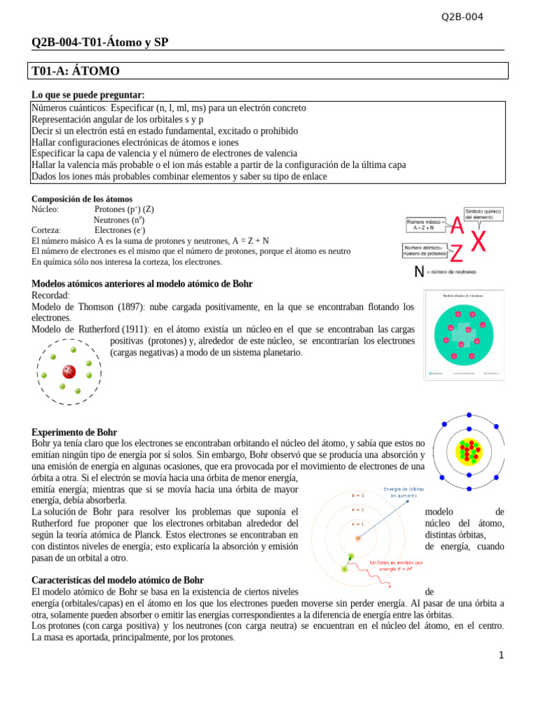 Q2B-004-T01-Átomo y SP-Modelo de Bohr | PDF | Electrón | Átomos