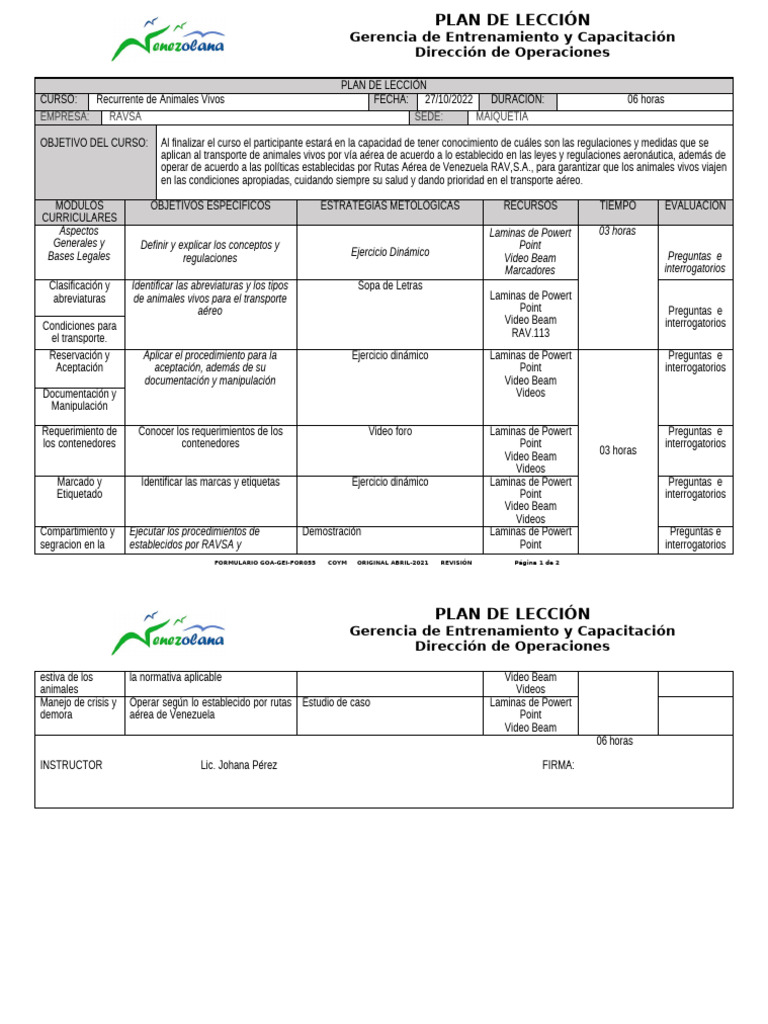 Plan de Leccion Animales Vivos | PDF