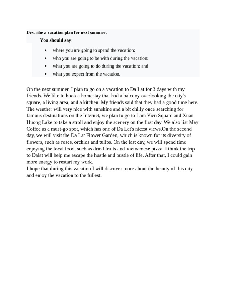 Describe a vacation plan for next summer | PDF | You Tube | Websites