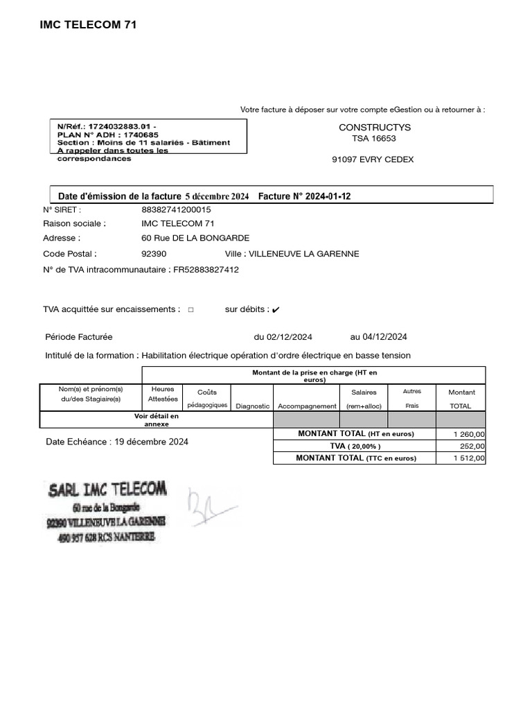 Facture IMC Telecom 71 - Formation 2024 | PDF | Taxe sur la valeur ...