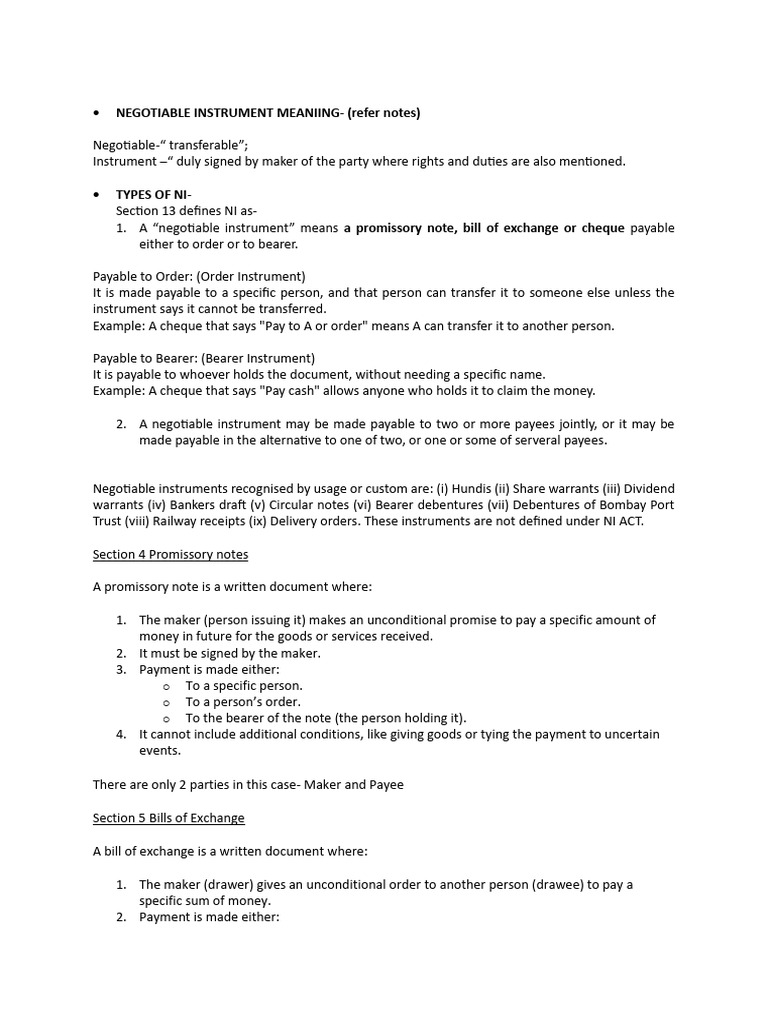 NI notes | PDF | Negotiable Instrument | Cheque