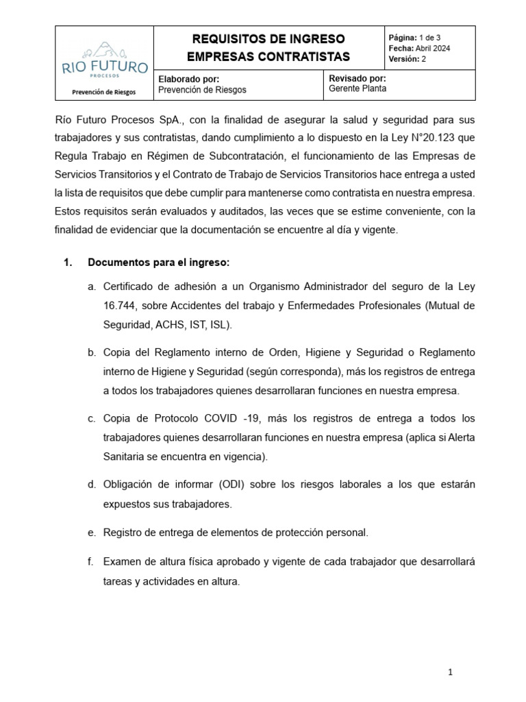 Requisitos de Ingreso Empresas Contratistas .V2 | PDF