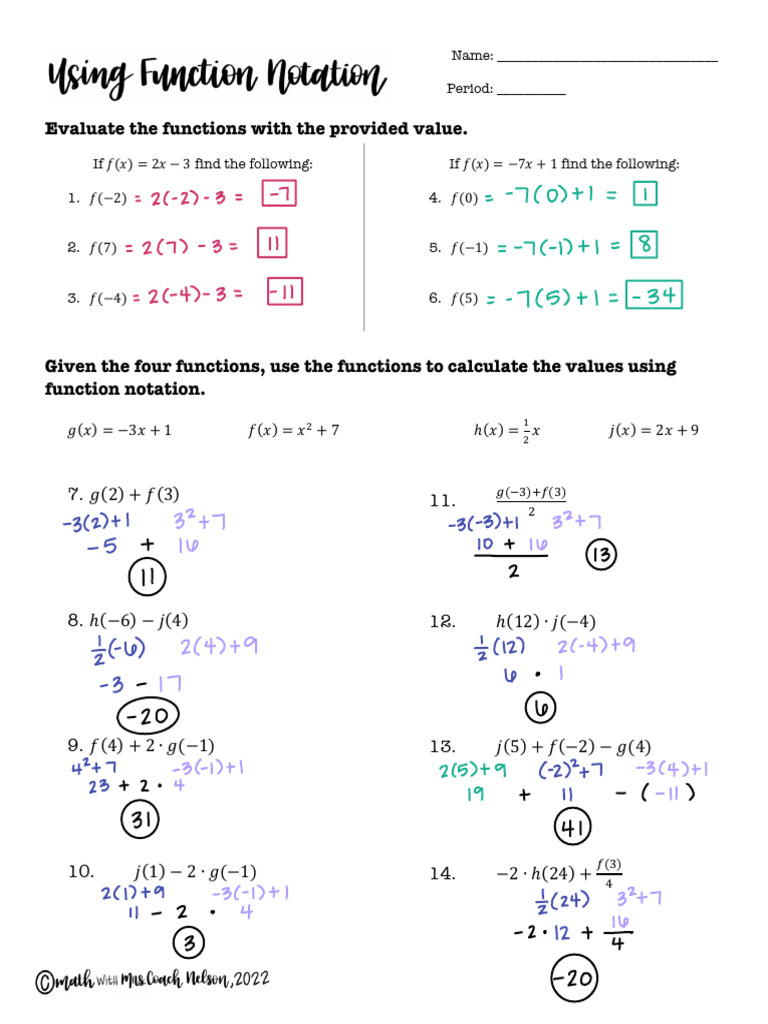 Algebra Function Evaluation Worksheet | PDF