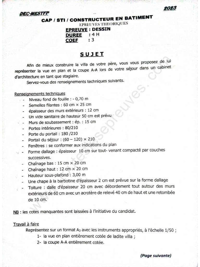 Epreuve Cap-Sti-Constructeur en Batiment 2023 Dessin | PDF