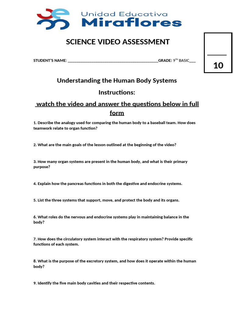 Human Body Systems Video Assessment | PDF