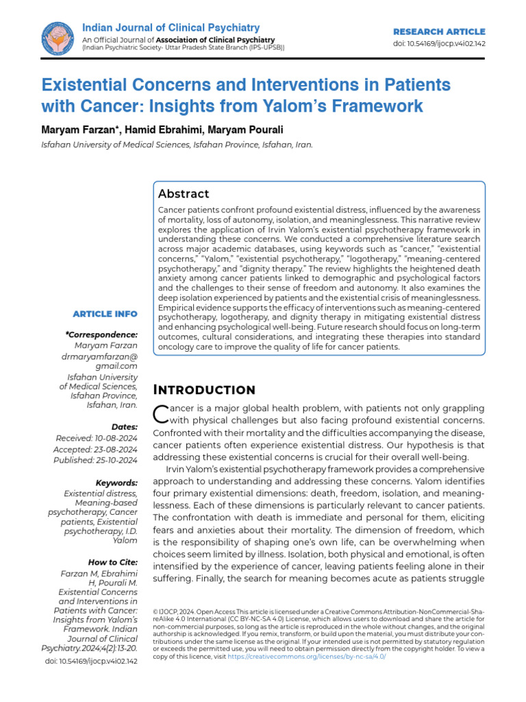 Existential concerns in cancer | PDF | Psychotherapy | Loneliness
