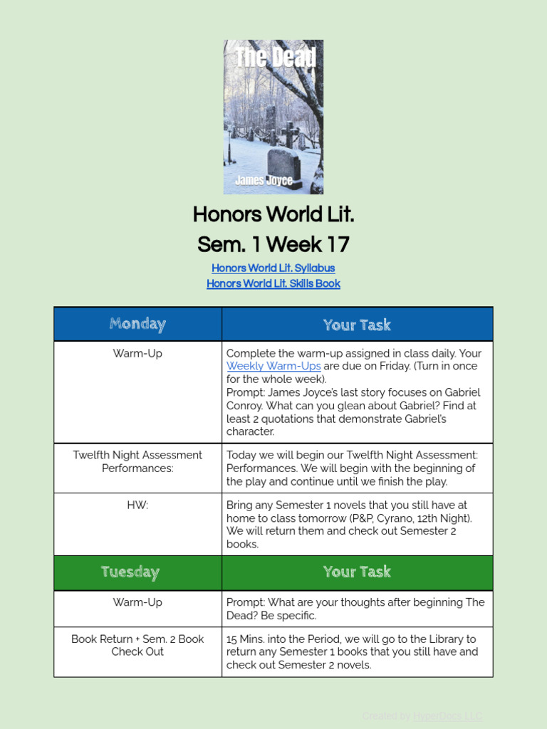 2024-25 Honors World Lit. Sem. 1 Week 17 Hyperdoc | PDF