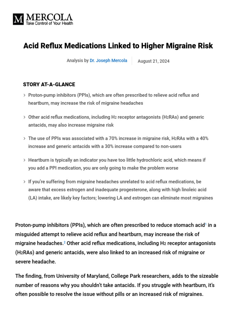 Acid Reflux Medications Migraine Risk PDF | PDF | Gastroesophageal ...