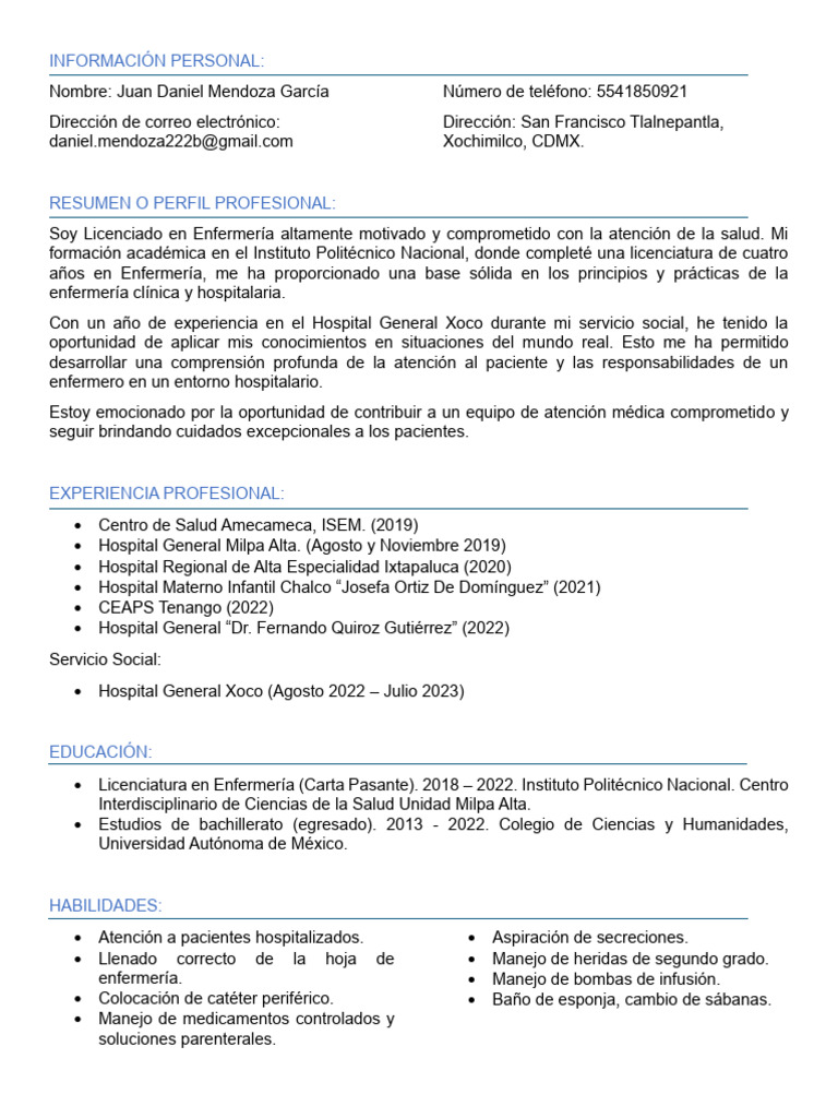 Curriculum Juan Mendoza 2023 - 011043 | PDF | Enfermería | Hospital