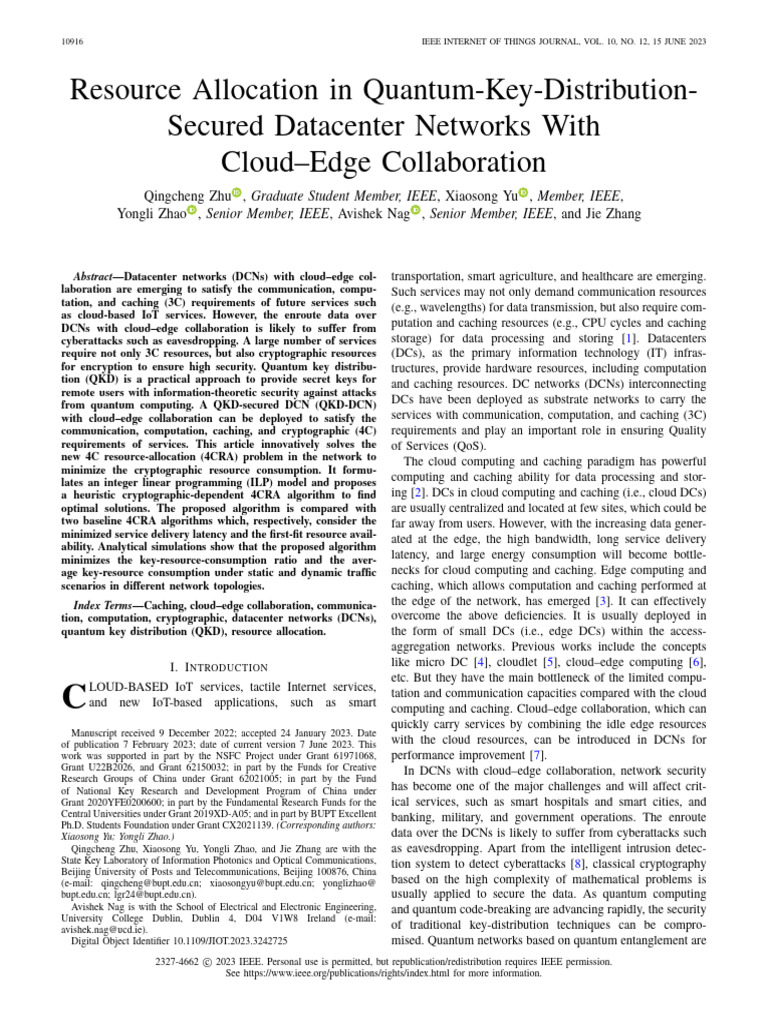 Resource Allocation in Quantum Key Distribution Secured Datacenter ...