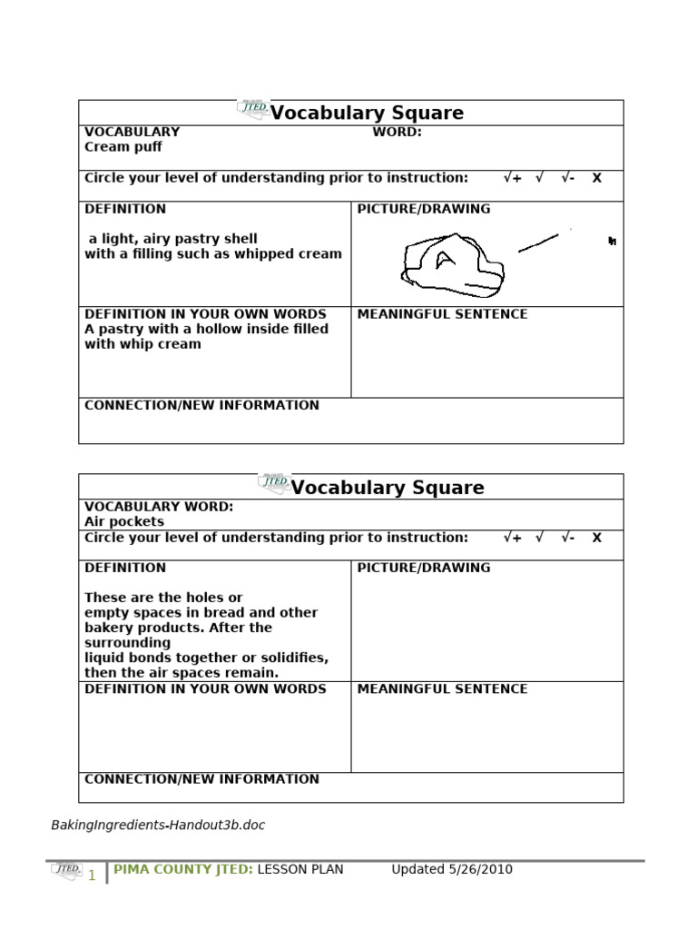 Vocabulary Square for Baking Terms | PDF | Baking | Cuisine